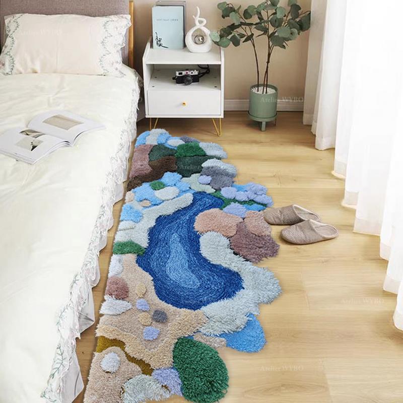 Tapis Descente De Lit Forme De Vague Lac Bleu Mousse Lichen En Relief